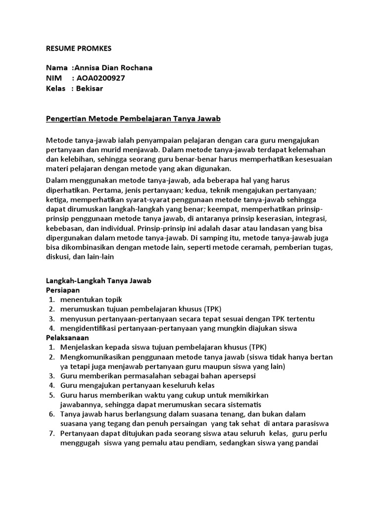 RESUME PROMKES Metode Tanya Jawab | PDF | Karier & Perkembangan | Kesehatan Holistik