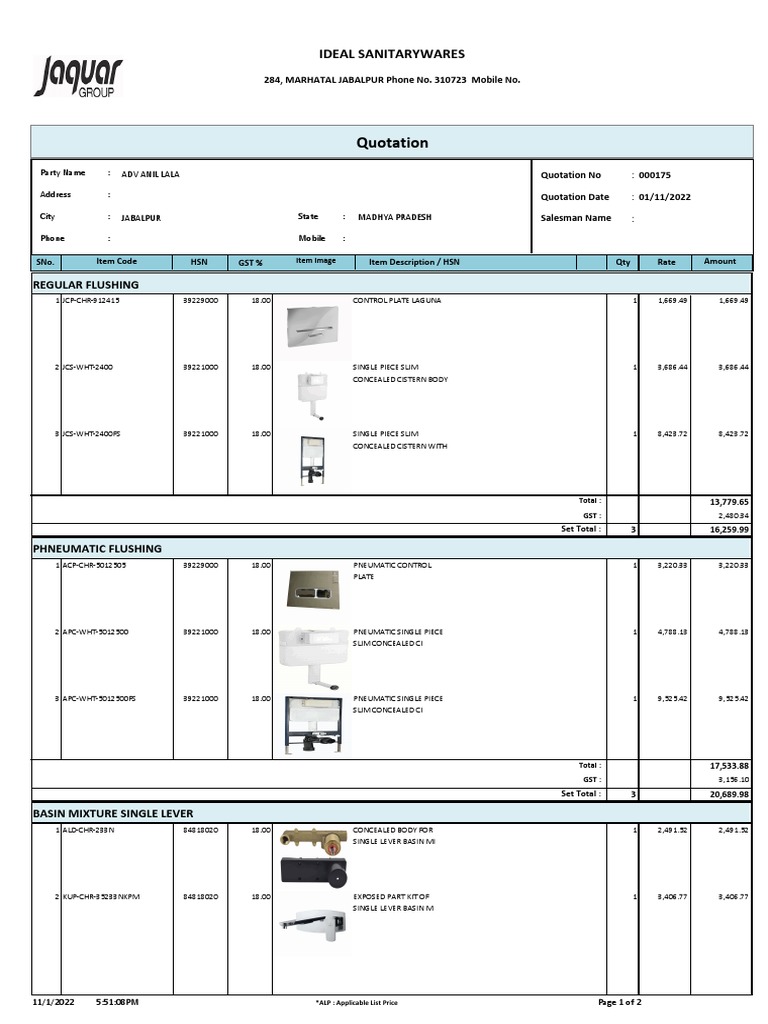 Quotation for Sanitaryware Products including Flushing Systems, Basin ...