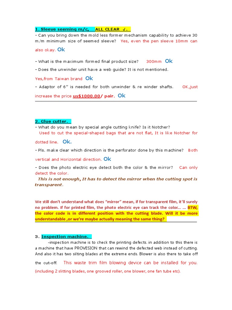 Answers For Seaming, Glue Cutter, Inspection M | PDF