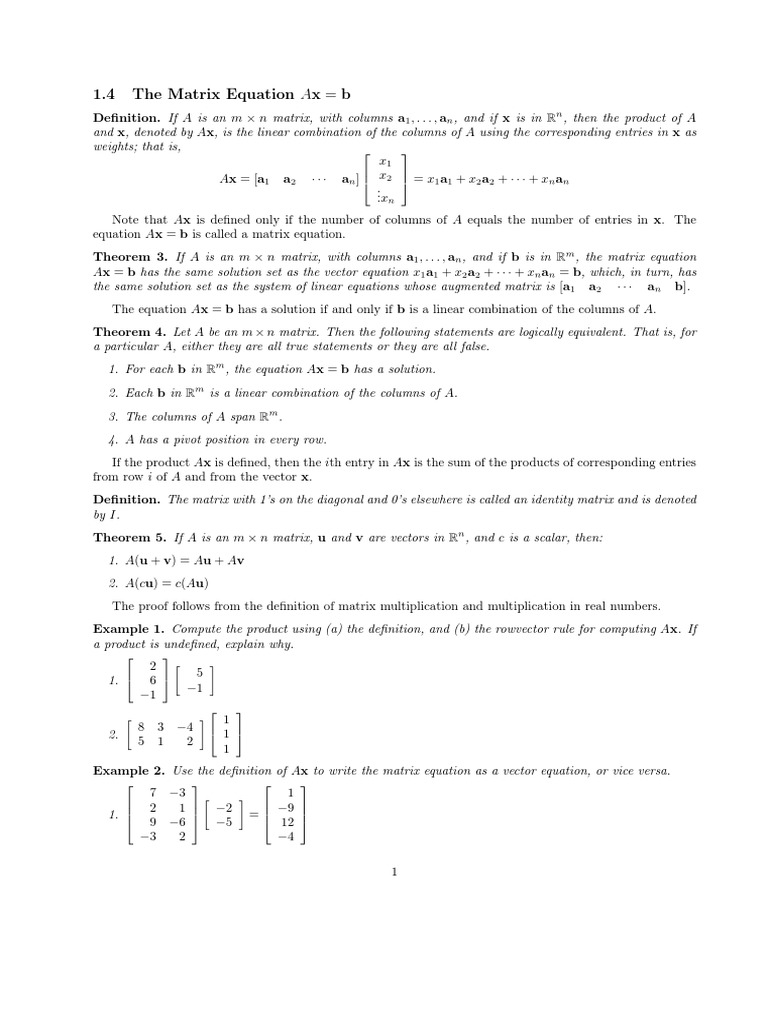 1.4 The Matrix Equation Ax B | PDF | Matrix (Mathematics) | System Of ...