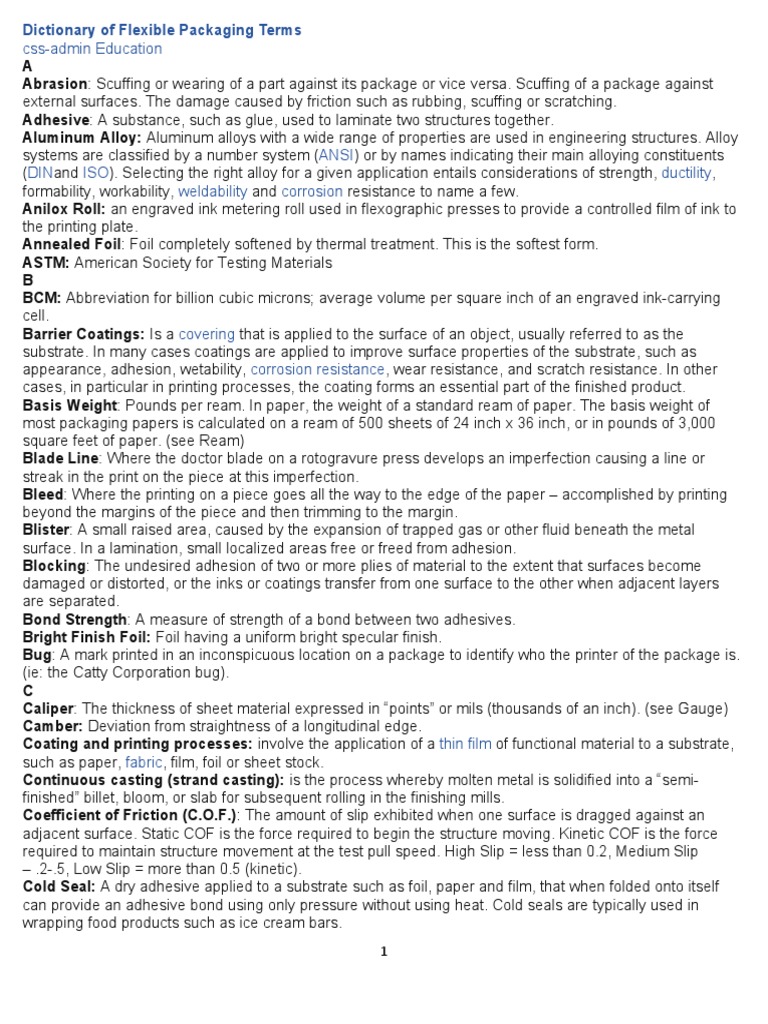 Dictionary of Flexible Packaging Terms | PDF | Adhesive | Chemistry