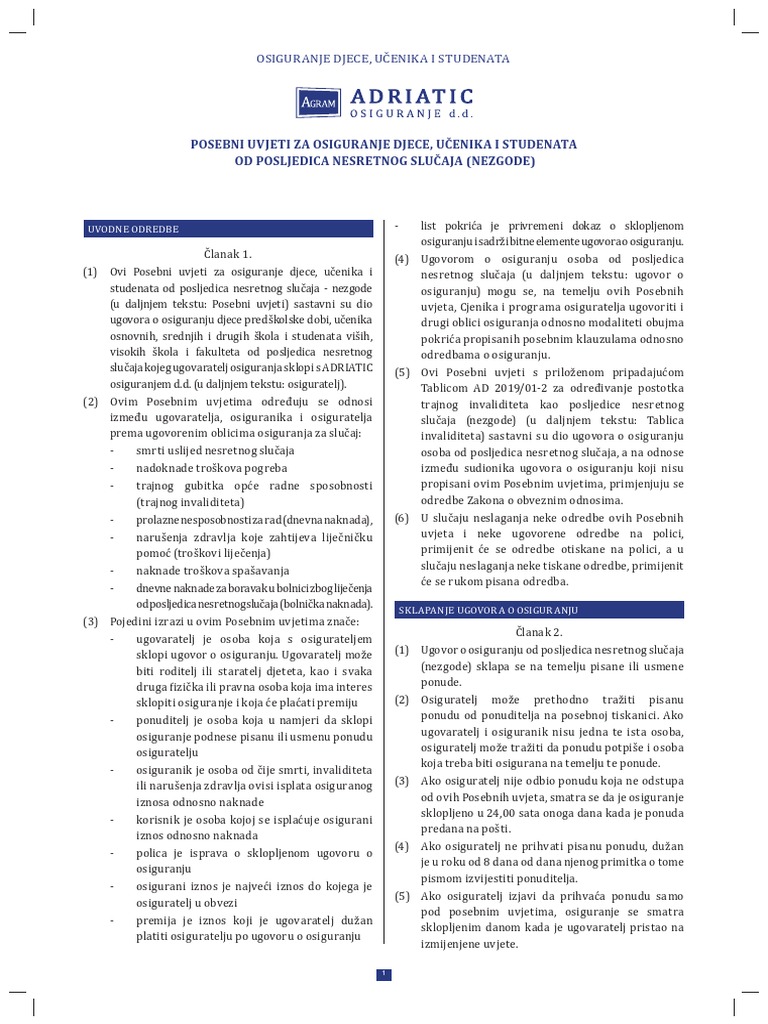 AD 2019-01.03-1 Posebni Uvjeti Za Osiguranje Djece, Učenika I Studenata ...