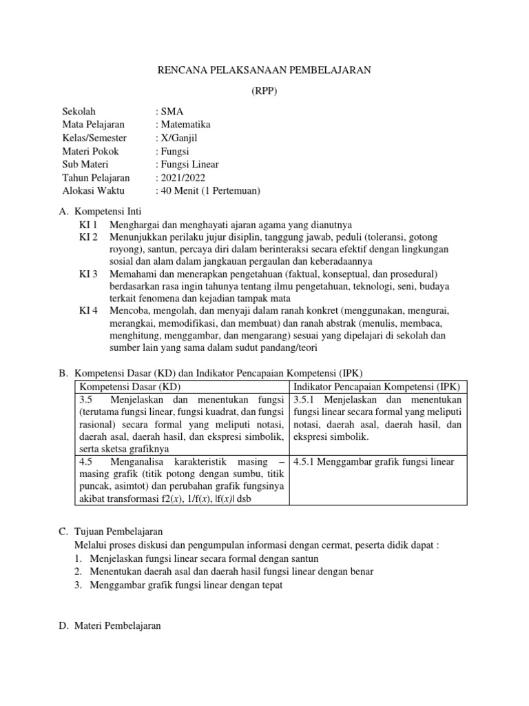 RPP Fungsi Linear Kelas 10 SMA | PDF