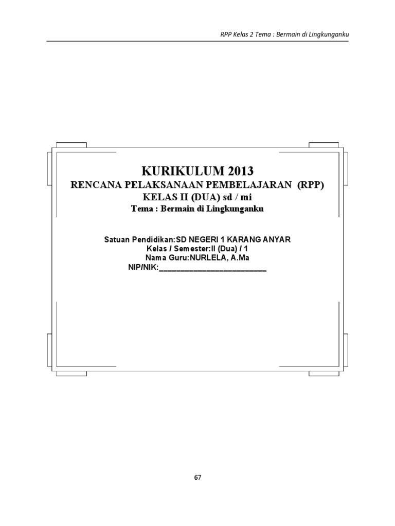 RPP SD Kelas 2 Semester 1 - Bermain Di Lingkungan | PDF