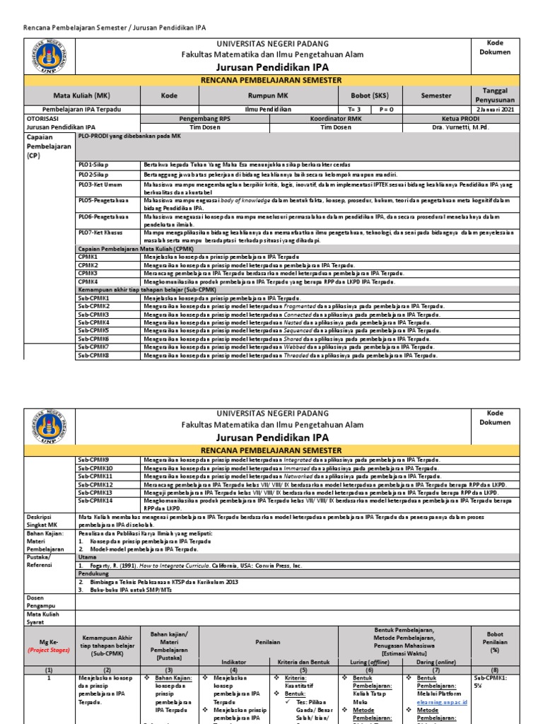 RPS - Pembelajaran IPA Terpadu | PDF