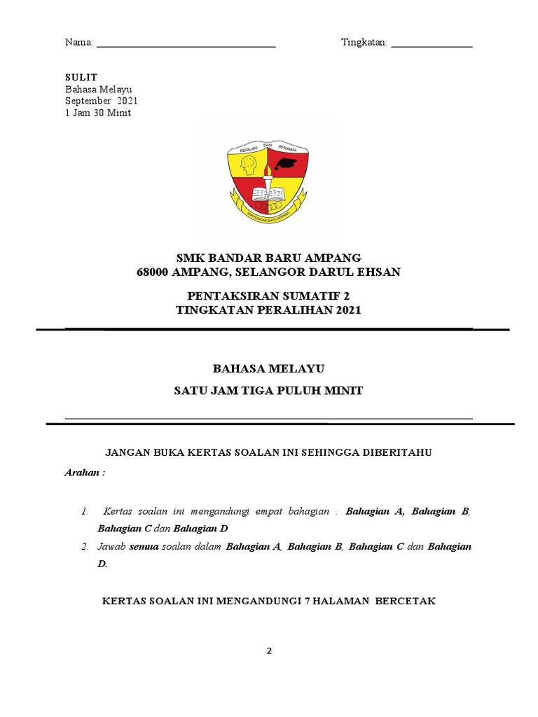 Soalan BM Ujian Sumatif 2 2021 Peralihan | PDF