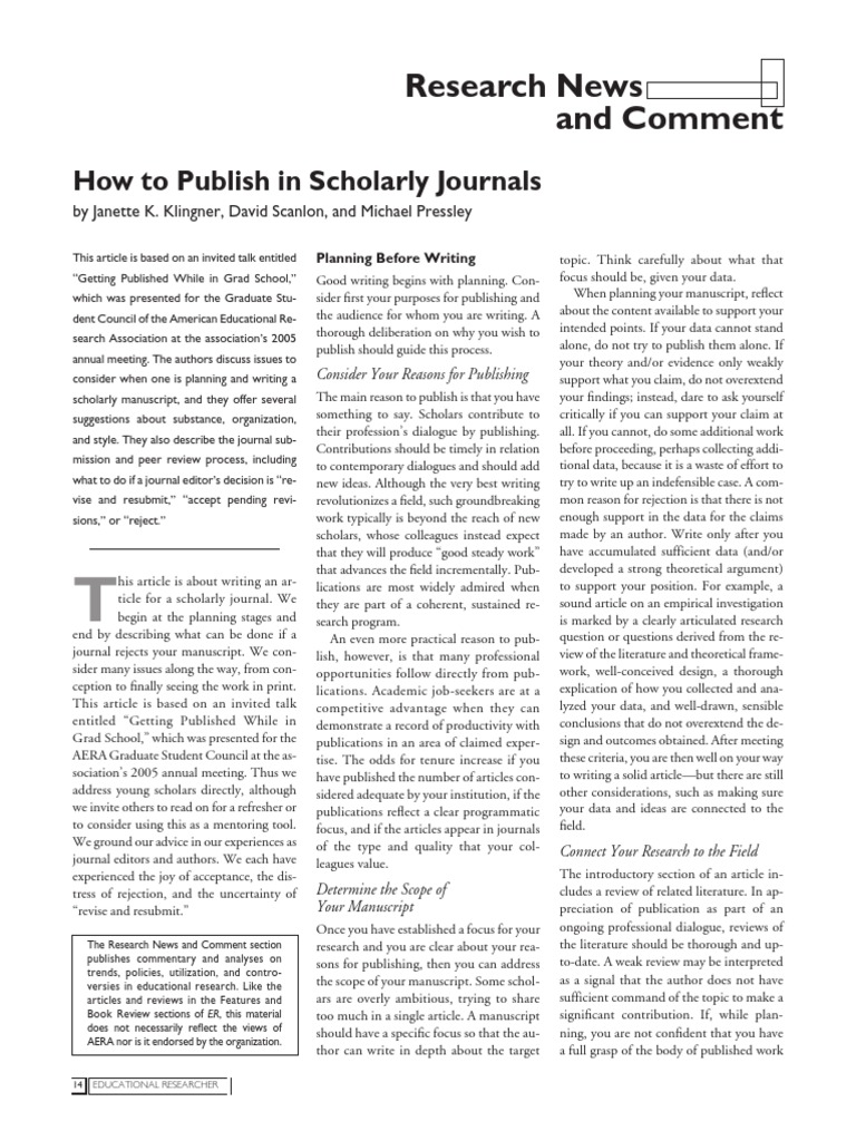 Planning, Writing, and Publishing Scholarly Articles: A Comprehensive ...
