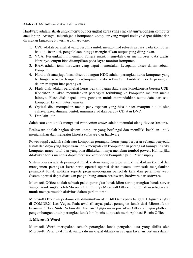 Materi UAS Informatika Tahun 2022 | PDF