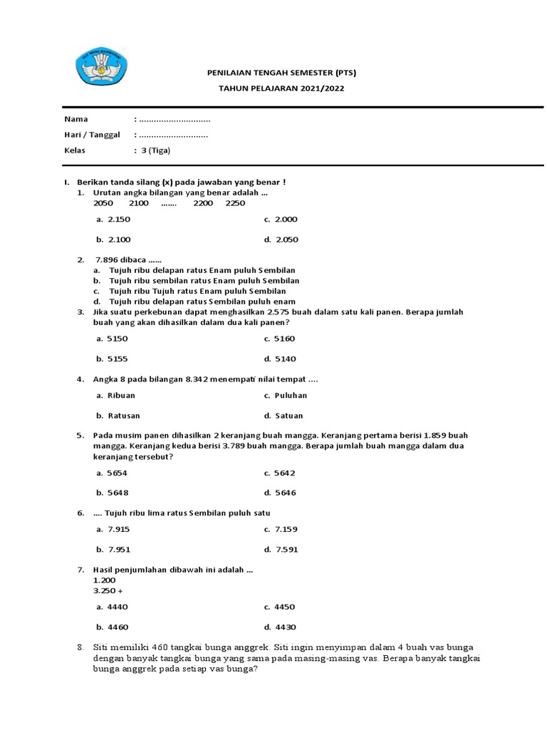 Soal Mid MTK Sem 1 2021 | PDF | Metode & Bahan Ajar | Griya & Taman