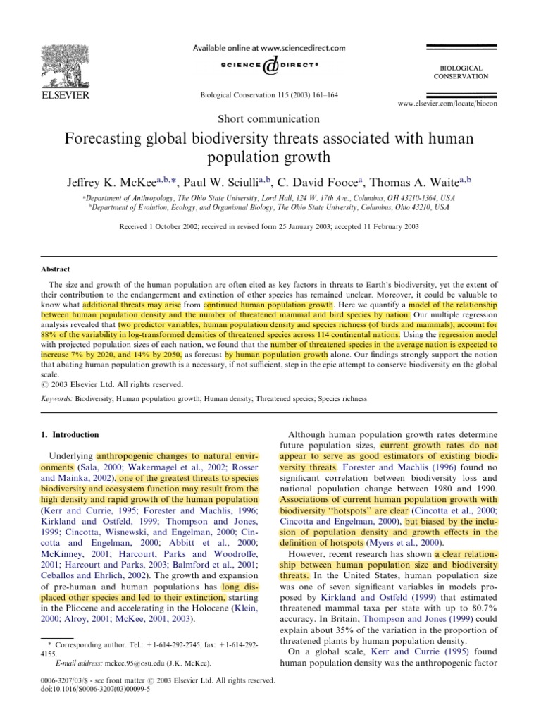 2003 McKee Et Al - Forecasting Global Biodiversity Threats Associated With Human Population ...
