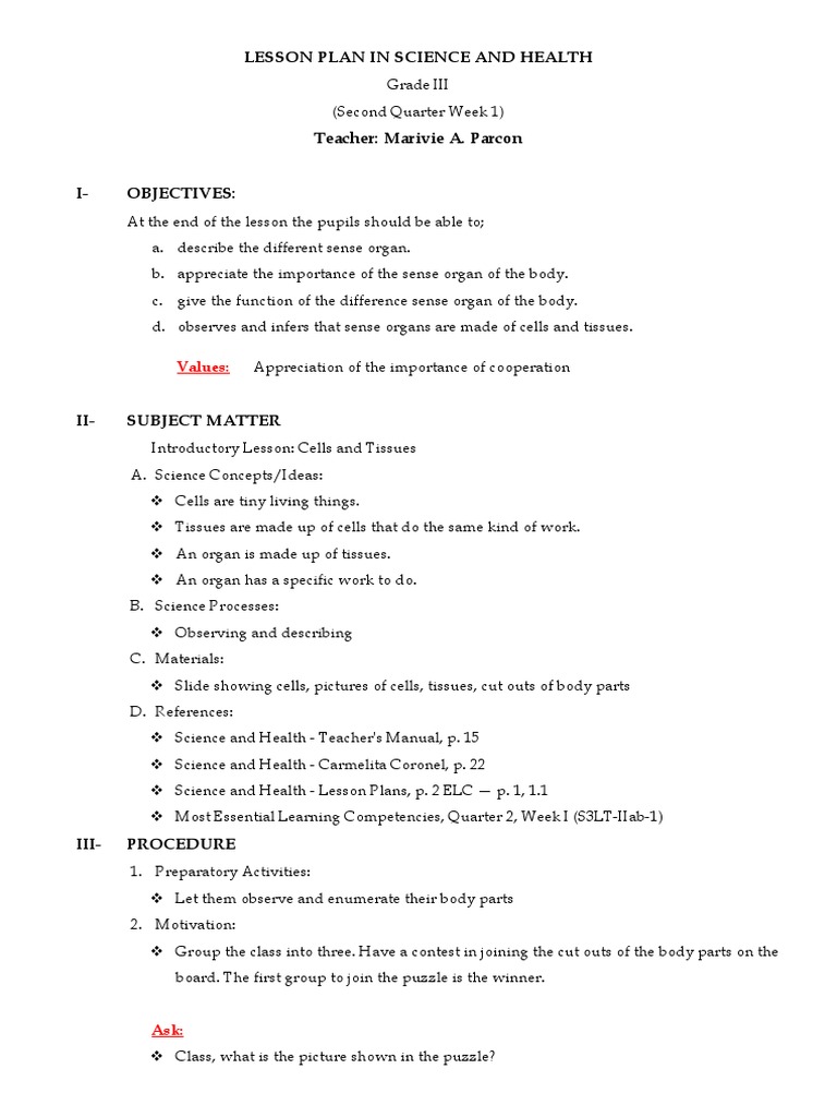 COT Science III 2nd Quarter Week 1 | PDF | Senses | Lesson Plan