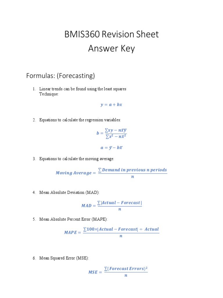 BMIS360-AnswerKeys Revision Sheet | PDF | Forecasting | Mean Squared Error