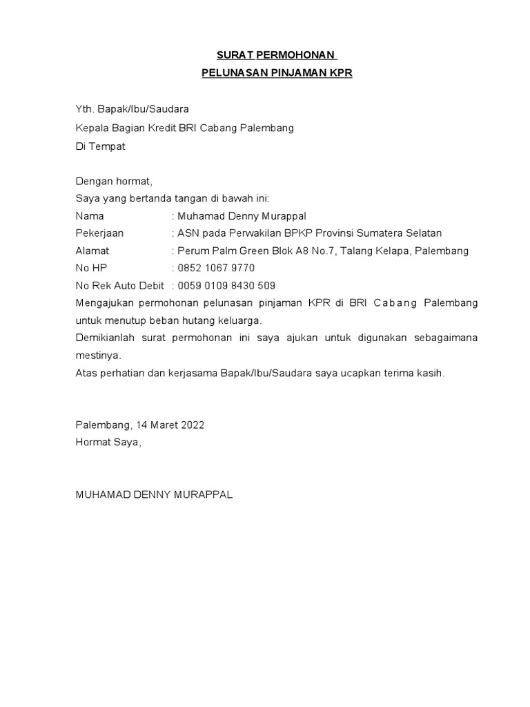Surat Permohonan Pelunasan KPR | PDF