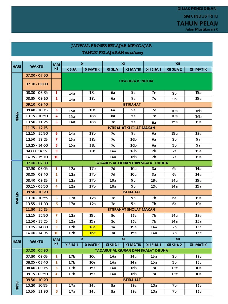 Revisi Jadwal Pelajaran SMK Tp. 2022-2023 | PDF