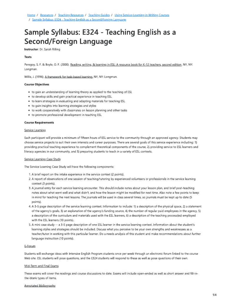 Sample Syllabus Teaching English As A Second Foreign Language | PDF