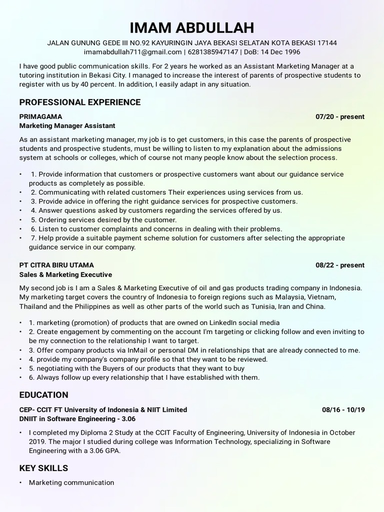 CV Imam | PDF | Marketing | Sales