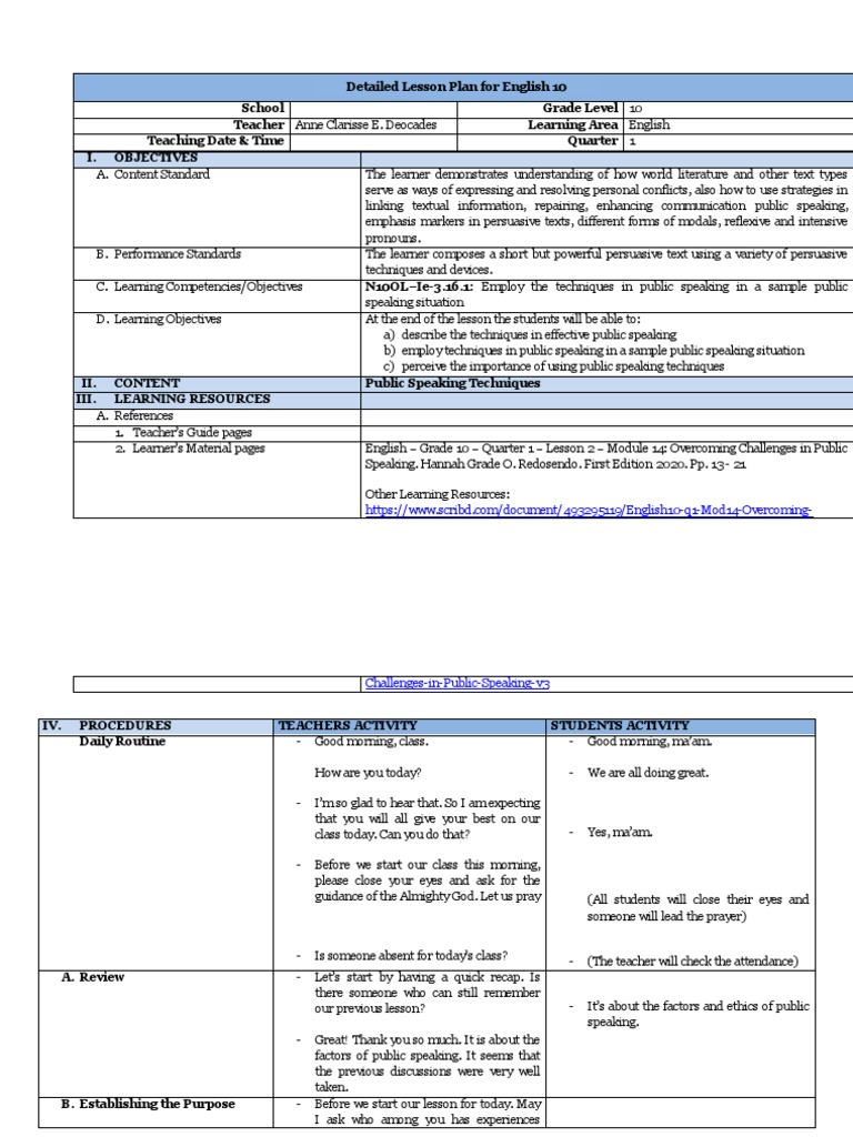 Deocades Detailed Lesson Plan | PDF | Nonverbal Communication | Public ...