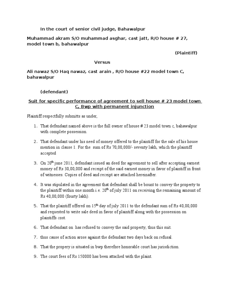 Suit for Specific Performance With Injunction