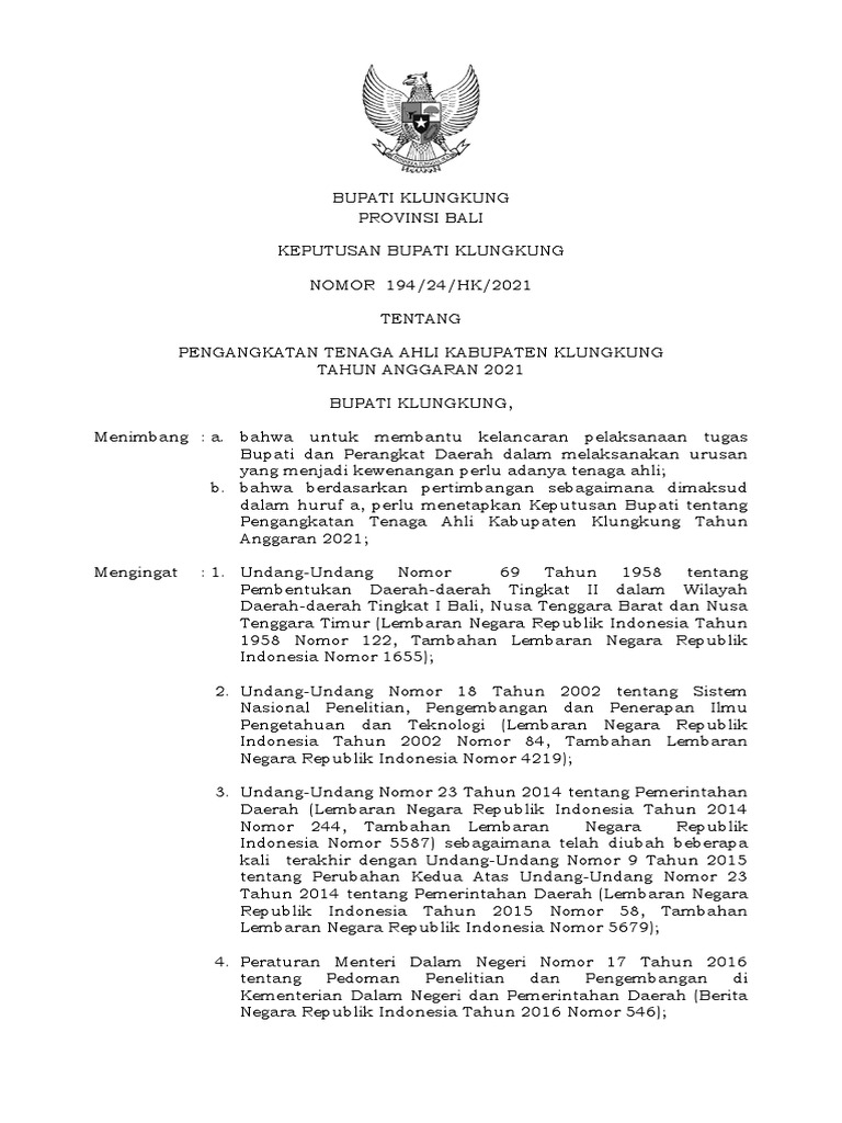 SK Pengangkatan Tenaga Ahli Kabupaten Klungkung Tahun 2021 | PDF