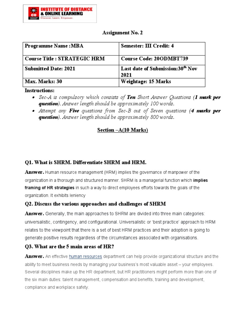 Strategic Human Resource Management Assignment: Section A and B Questions | PDF | Human ...