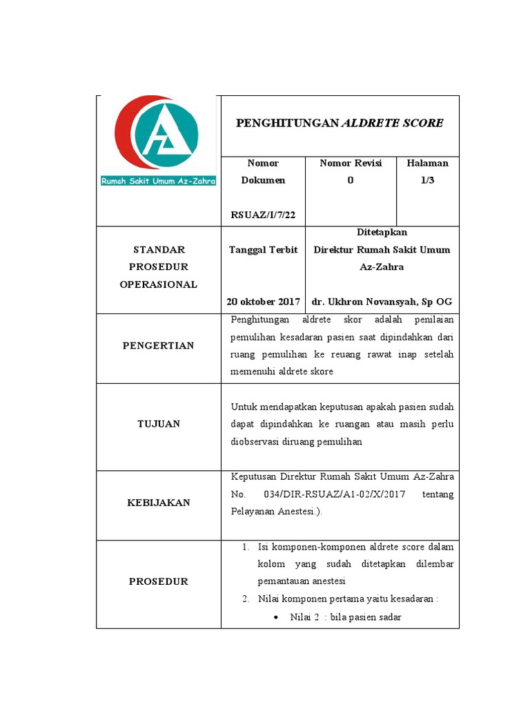Panduan Aldrete Score | PDF