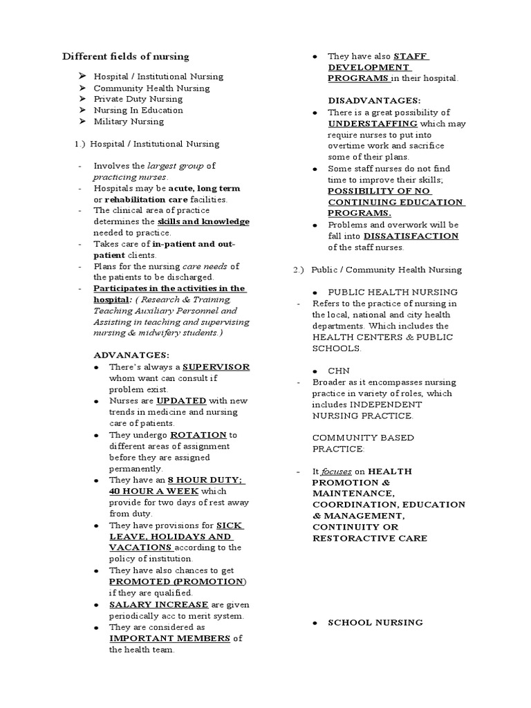 Different Fields of Nursing | PDF | Nursing | Patient