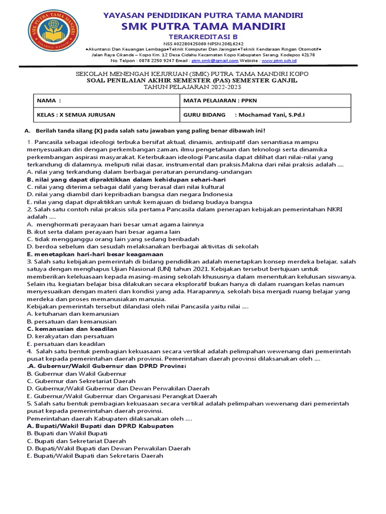 Soal PPKN Kelas X | PDF