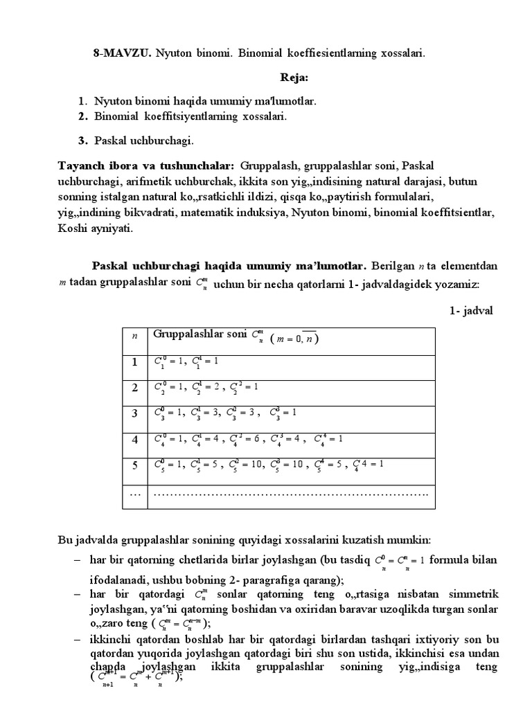 8-Mavzu. Nyuton Binomi. Binomial Koeffiesientlarning Xossalari. | PDF