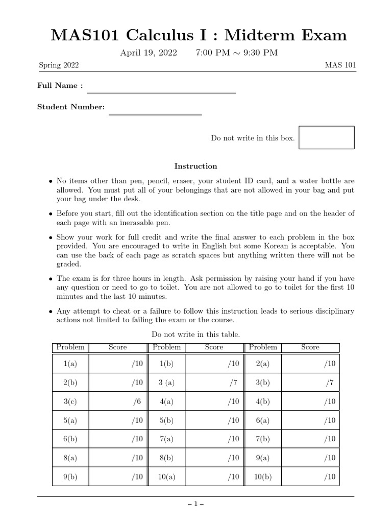 MAS101 Calculus I: Midterm Exam: April 19, 2022 7:00 PM 9:30 PM | PDF | Derivative | Sphere