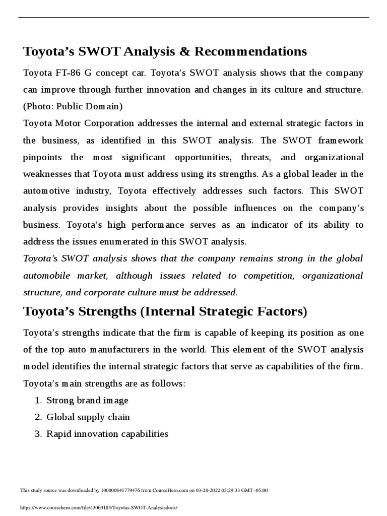 Toyota S SWOT Analysis | PDF