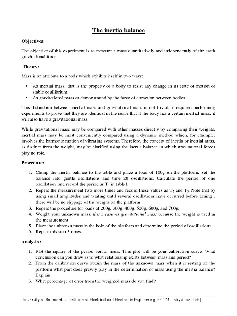 The Inertia Balance | PDF | Mass | Weight