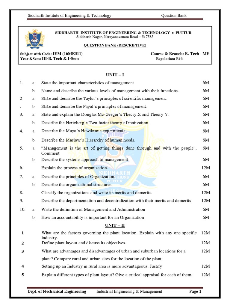 16ME311-Industrial Engineering & Management PYQ | PDF | Business ...