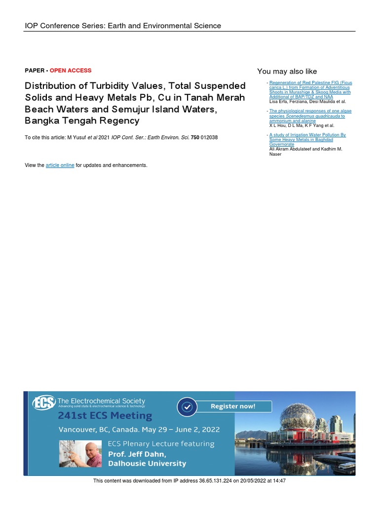 Distribution of Turbidity Values, Total Suspended Solids and Heavy Metals PB, Cu in Tanah Merah ...