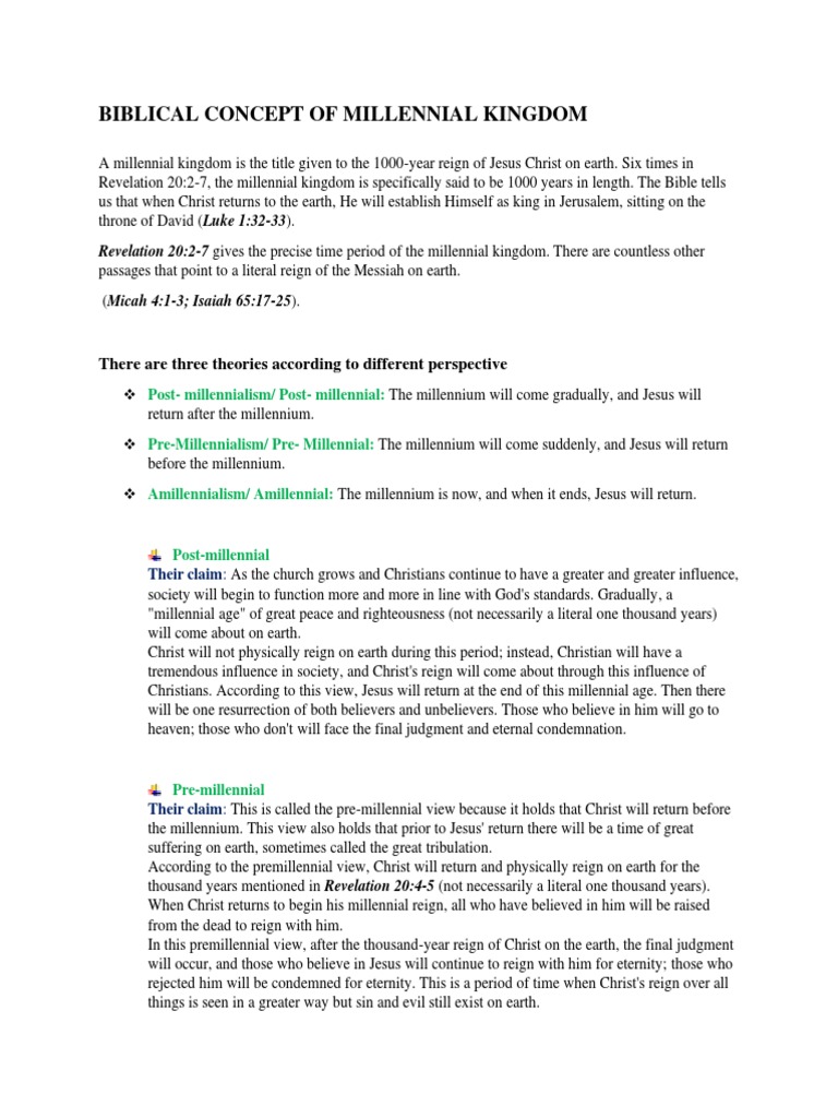 Biblical Concept Of Millennial Kingdom Pdf Premillennialism