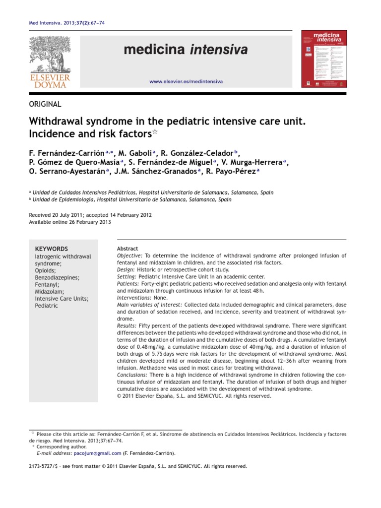 Withdrawal Syndrome in The Pediatric Intensive Care Unit. Incidence and ...