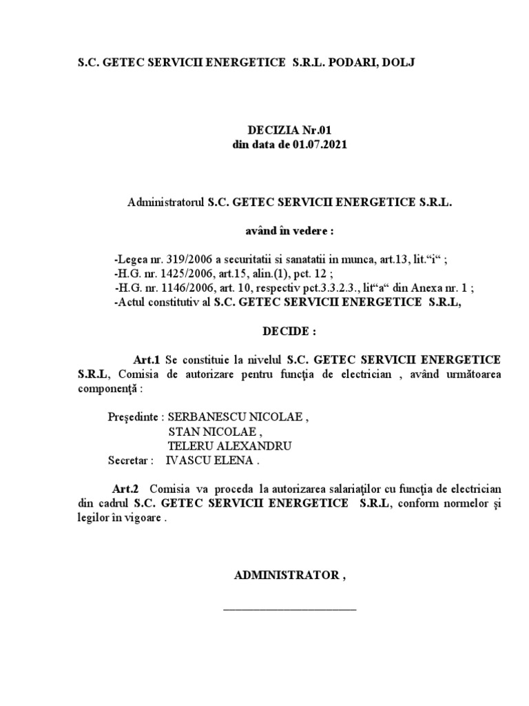 Decizie + 1 Test Electrician | PDF