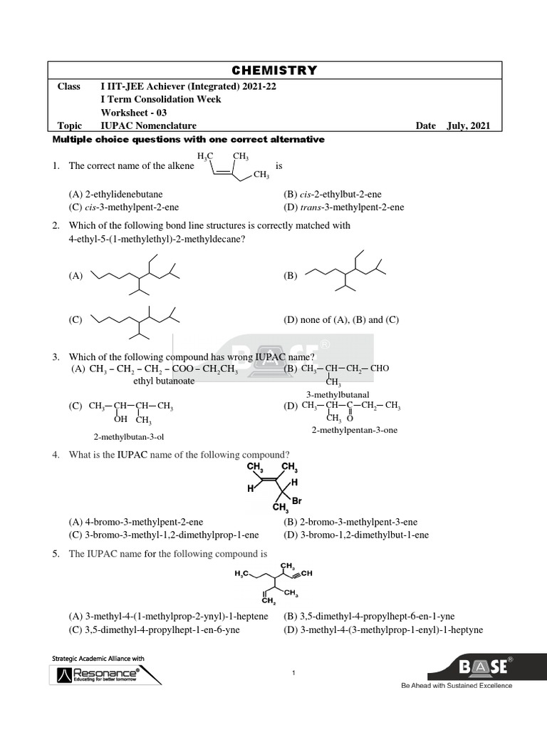 IUPAC Nomenclature Practice Worksheet | PDF | Carboxylic Acid | Chemistry