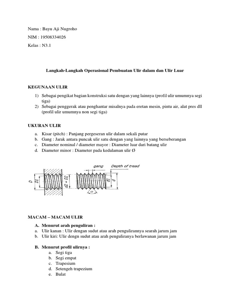 Pembuatan Ulir Dalam Dan Ulir Luar - Permesinan Kompleks - 026 | PDF ...