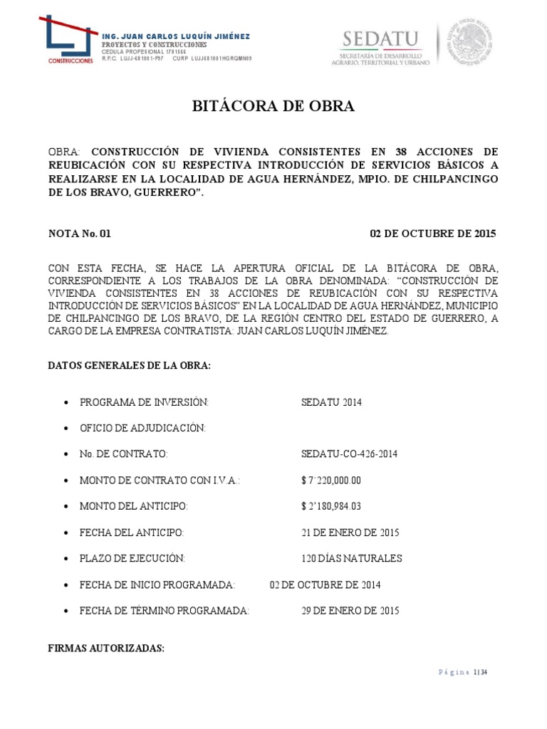 Bitácora de obra para la construcción de viviendas en Agua Hernández, Guerrero | PDF ...