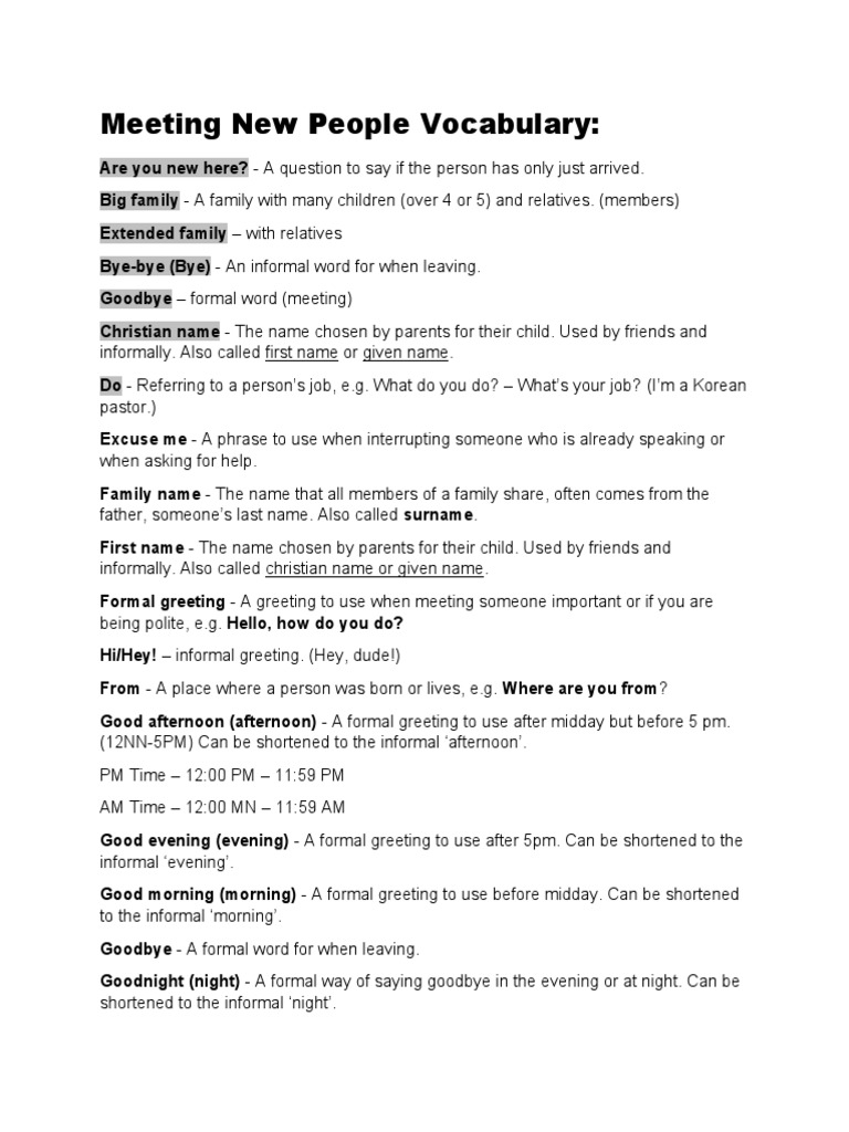 Vocabulary for Meeting New People | PDF | Human Communication