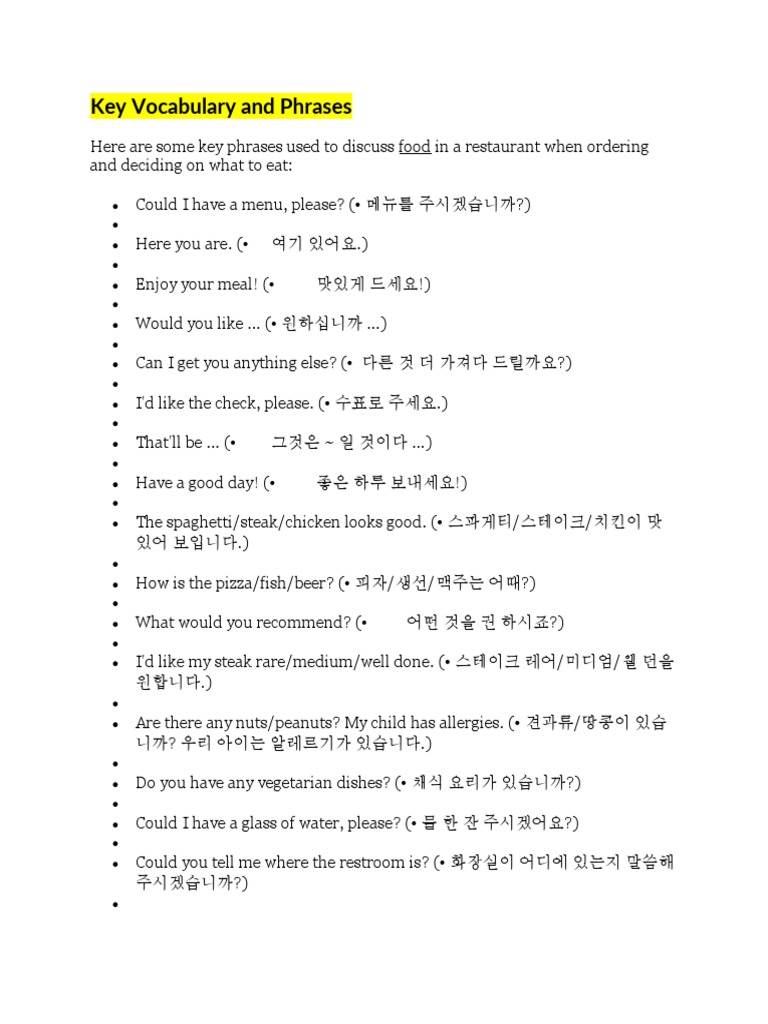 Restaurant Key Vocabulary and Phrases | PDF | Waiting Staff | Restaurants