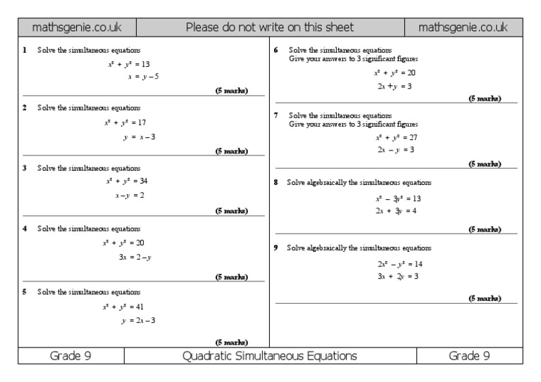 9 Quadratic Simultaneous Equations Ws | PDF | Equations | Quadratic ...