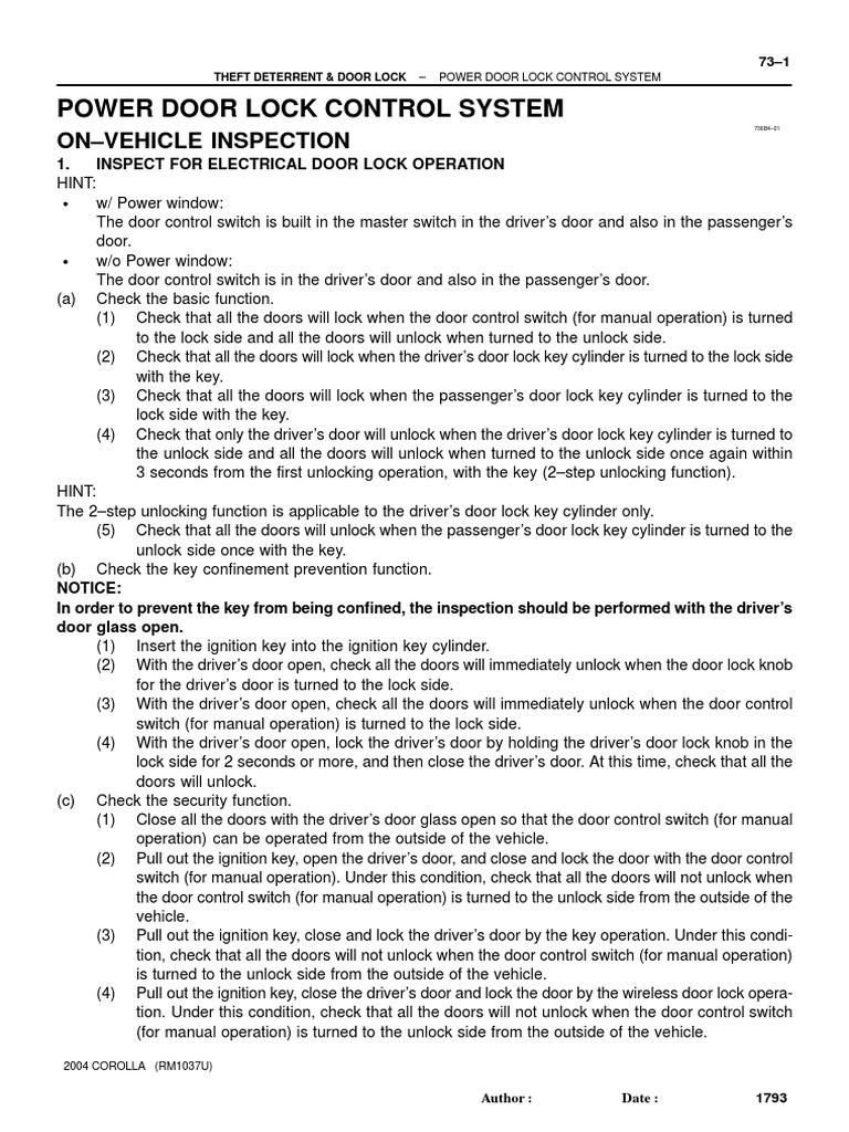 Power Door Lock Control System Inspection | PDF | Remote Control | Switch