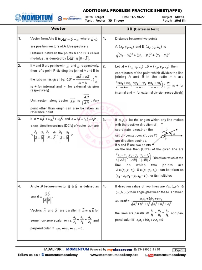 Vector - 3D Theory (18-10-2022) | PDF | Plane (Geometry) | Euclidean Vector