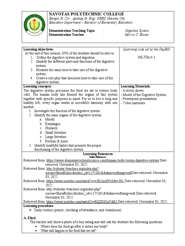 Lesson Plan-Draft 1 (Digestive System) | PDF | Gastrointestinal Tract ...