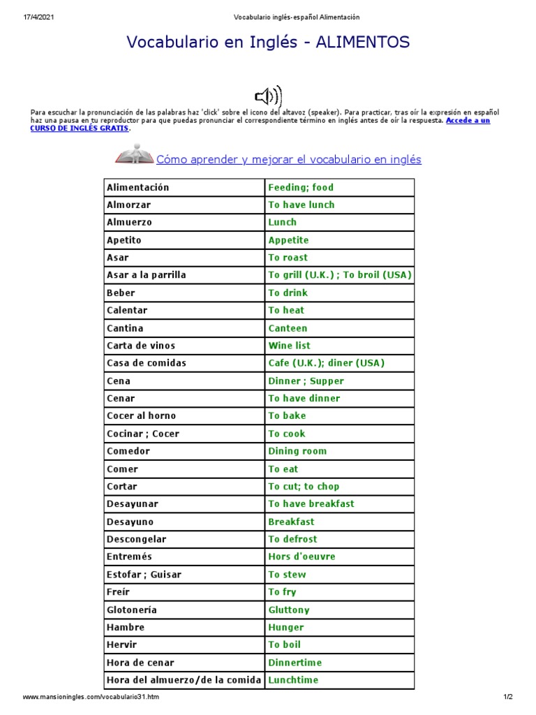 Vocabulario Inglés-Español Alimentación | PDF | Cocina | Preparación de ...