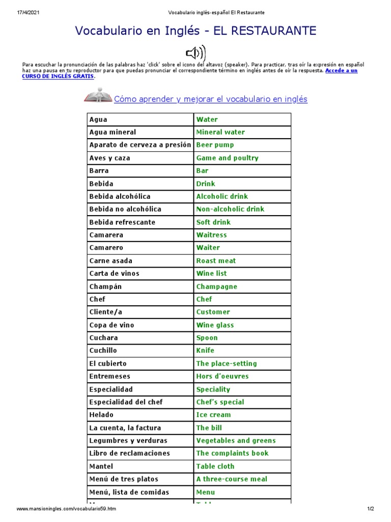 Vocabulario inglés-español El Restaurante | PDF