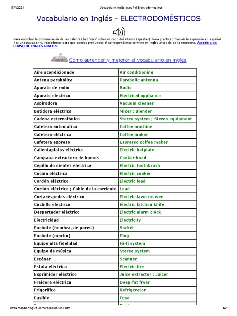 Vocabulario inglés-español Electrodomésticos | PDF | Bienes ...