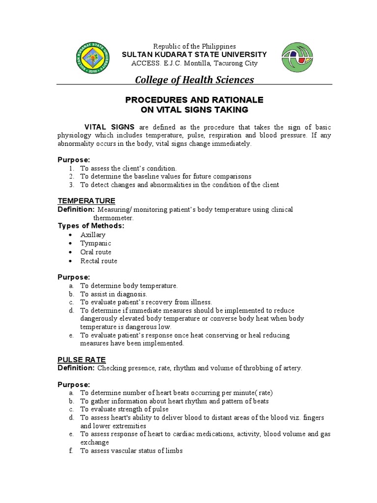Vital Signs Taking - Procedures-Rationale-Checklist (New) | PDF | Pulse ...