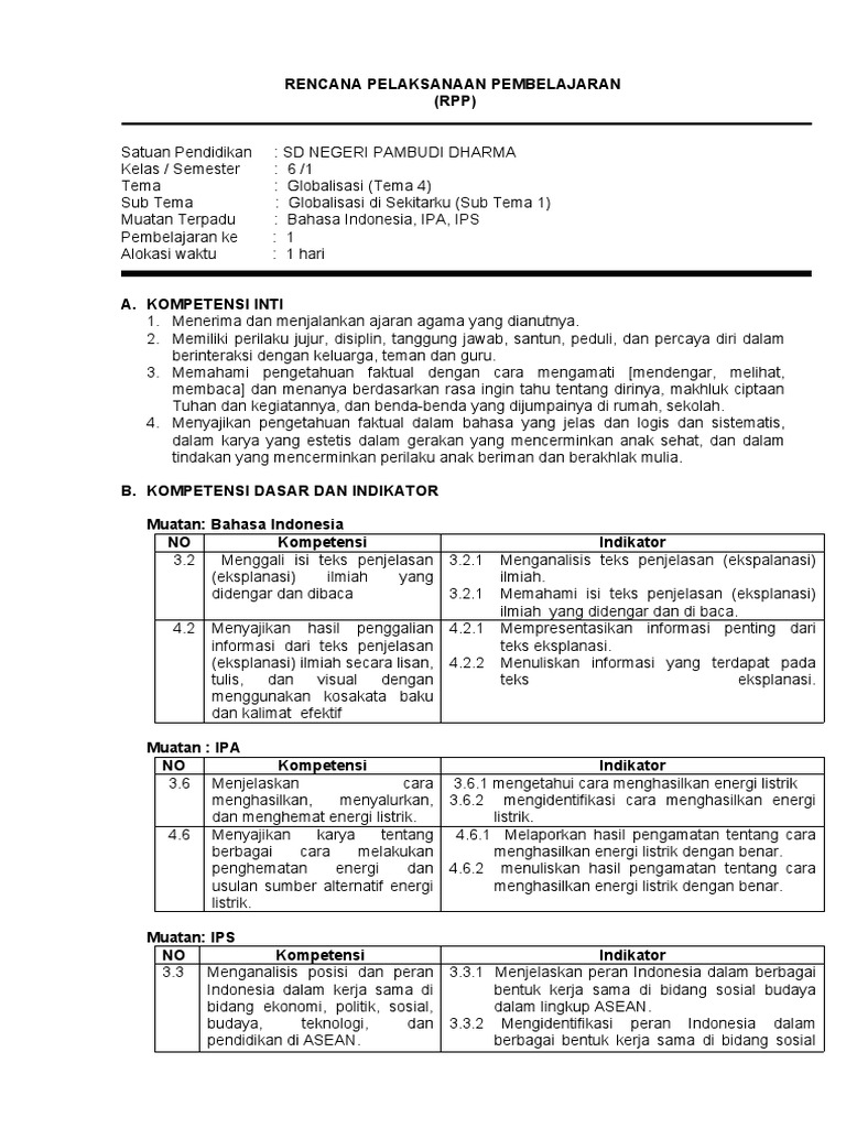 RPP TEMA 4 Kelas 6 | PDF